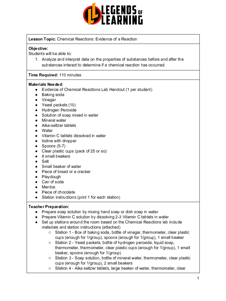 Fillable Online Lesson Topic:Chemical Reactions: Evidence of a ... Fax ...