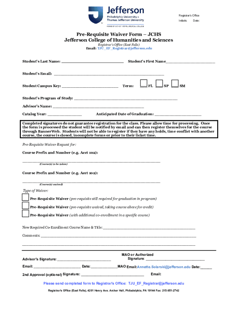 Fillable Online Pre-Requisite Waiver Form (JCHS) Fax Email Print ...