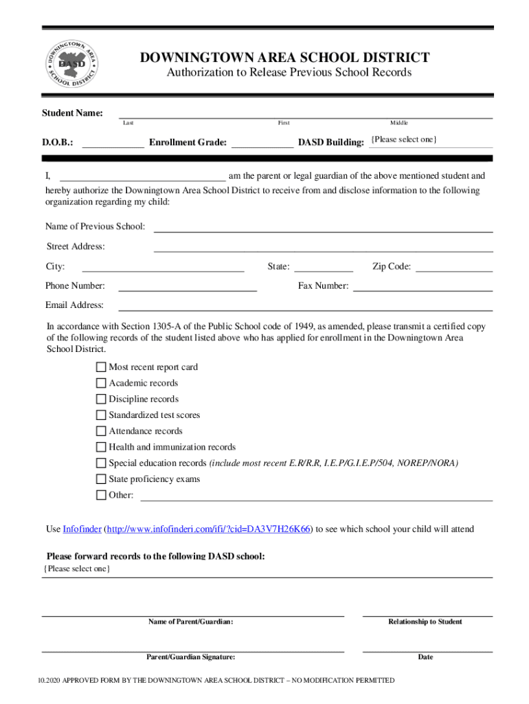 Fillable Online DASD Authorization to Release Previous School Records ...