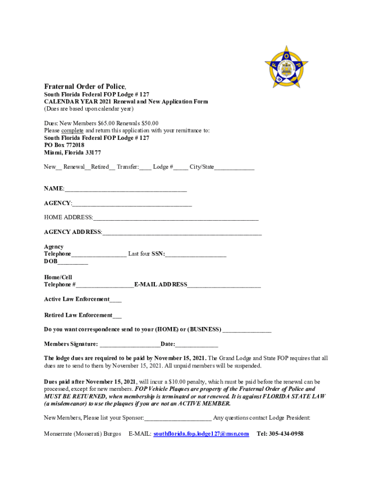 Fillable Online Florida State Lodge, Fraternal Order of Police Fax Email Print - pdfFiller