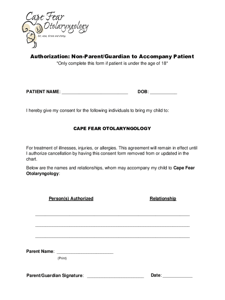 Fillable Online Authorization: Non-Parent/Guardian to Accompany Patient ...
