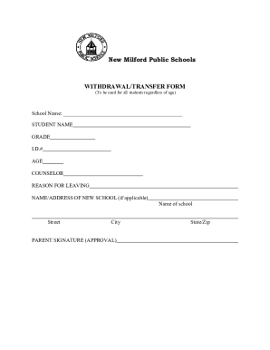 Fillable Online New Milford Public Schools WITHDRAWAL/TRANSFER FORM Fax ...