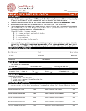 Fillable Online gradschool cornell LIBRARY PRIVILEGES APPLICATION Form ...