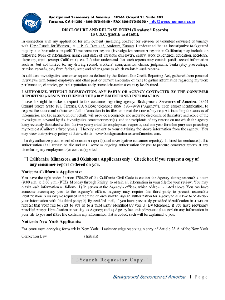 Fillable Online Background Screeners Of America - Fill Online ...
