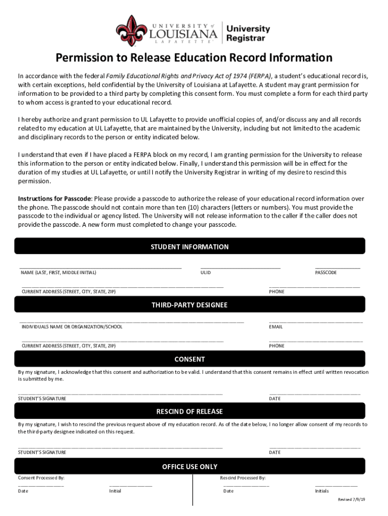 Fillable Online In accordance with the federal Family Educational Rights and Privacy Act of 1974 ...