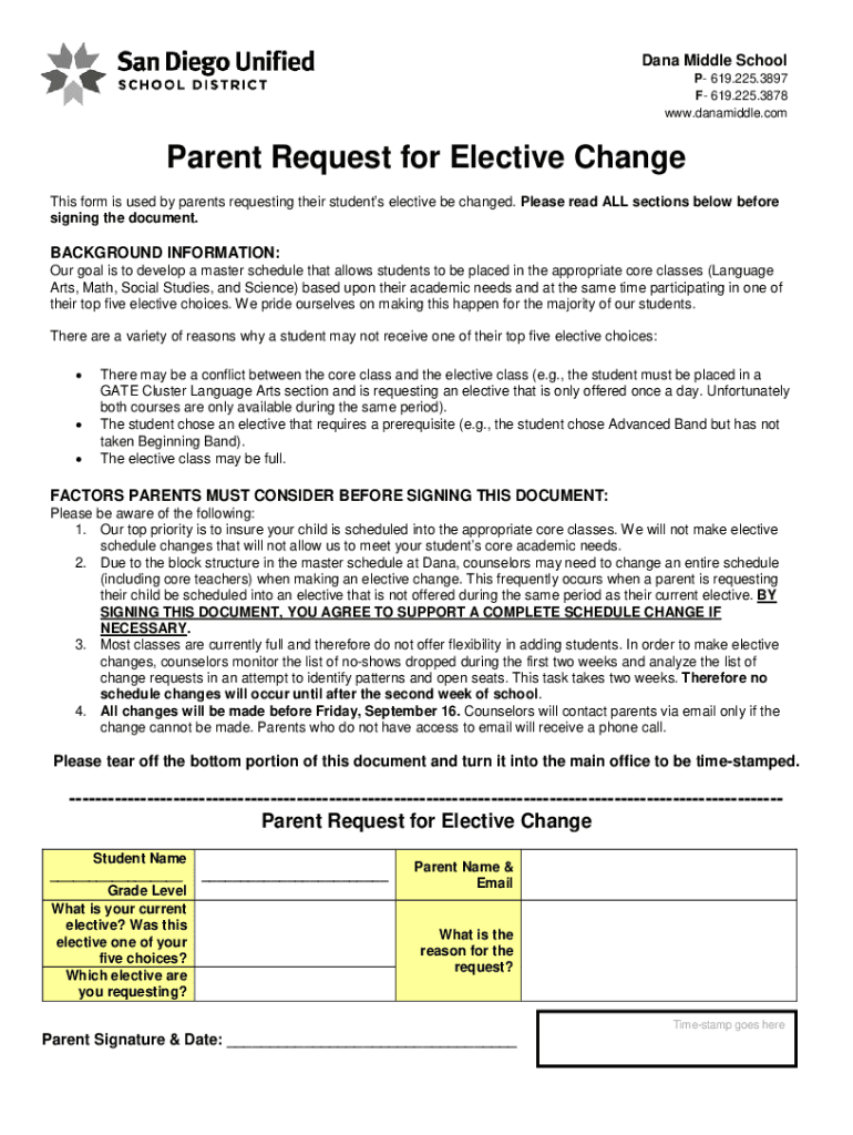 Fillable Online Parent Request for Elective Change Fax Email Print ...