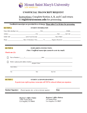 Fillable Online UNOFFICIAL TRANSCRIPT REQUEST - Instructions Fax Email Print - pdfFiller