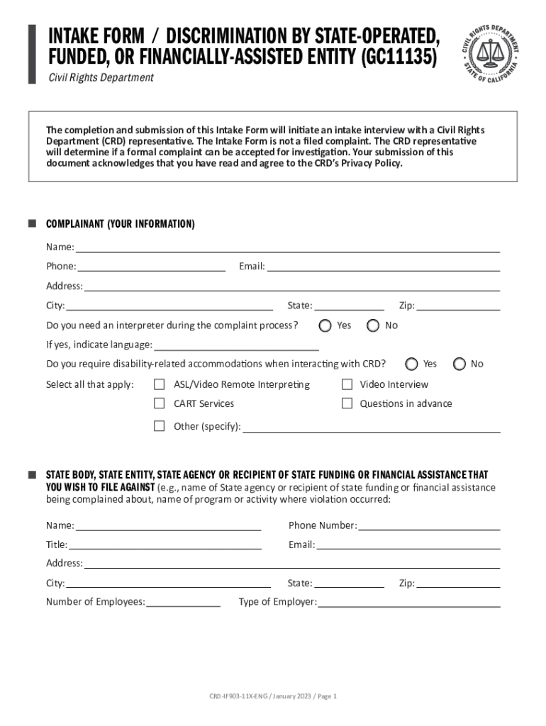 Fillable Online INTAKE FORMDISCRIMINATION BY STATE-OPERATED, ... Fax Email Print - pdfFiller