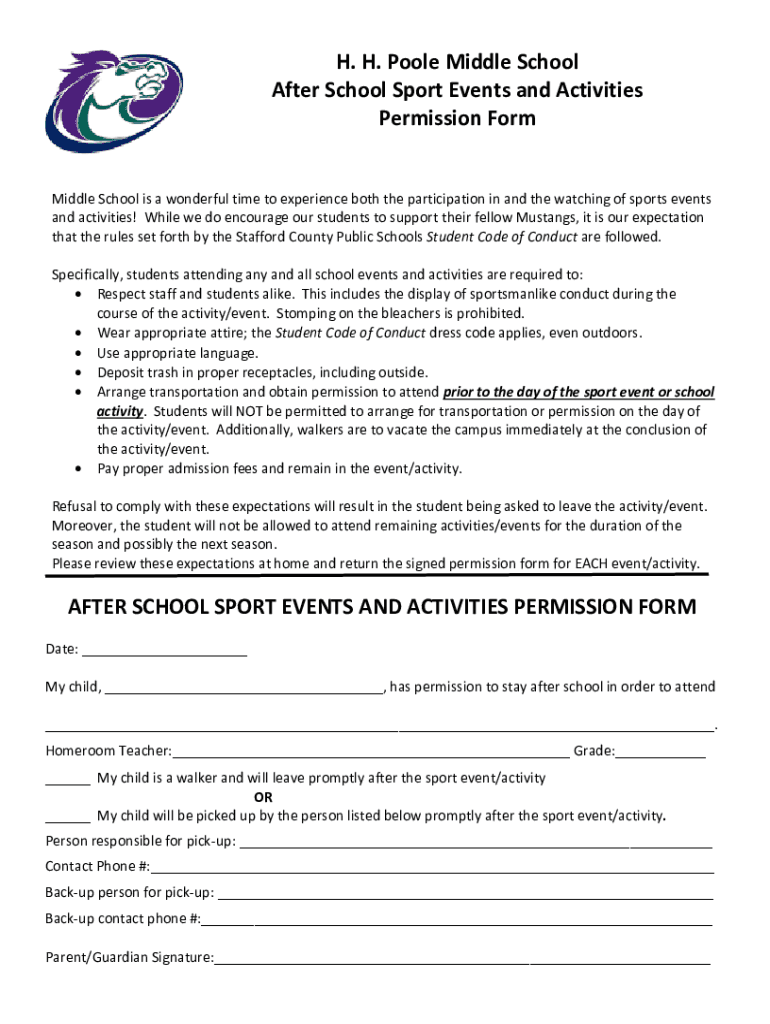 Fillable Online After School Sport Event or Activity Permission Form ...