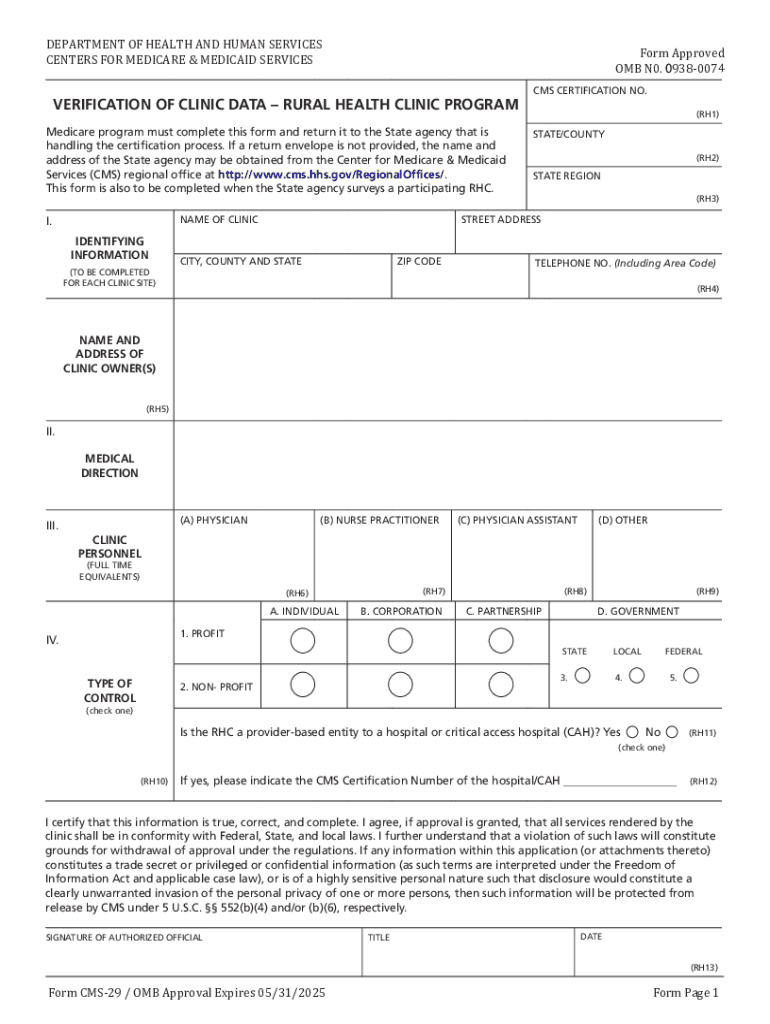 Fillable Online (CMS-29) Request for Certification as Rural Health ...