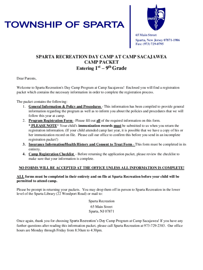 Fillable Online Sparta Recreation's summer day camp program at ... Fax ...