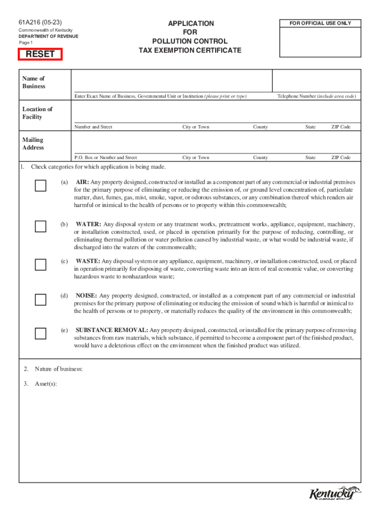 Fillable Online APPLICATION FOR POLLUTION CONTROL TAX EXEMPTION ... Fax ...