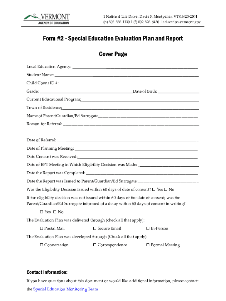 Fillable Online education vermont Form #2 - Special Education Evaluation Plan and Report Fax ...