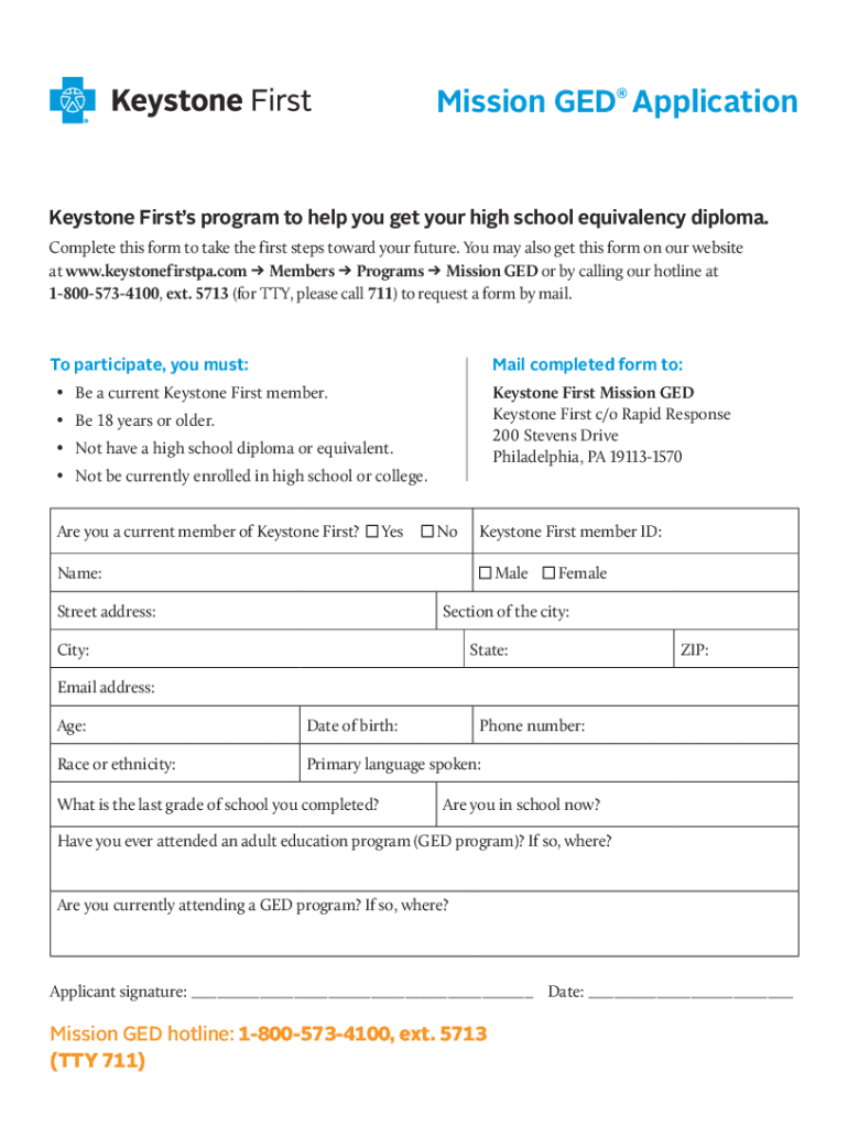 Fillable Online Mission GED Application - Members - Keystone First ...