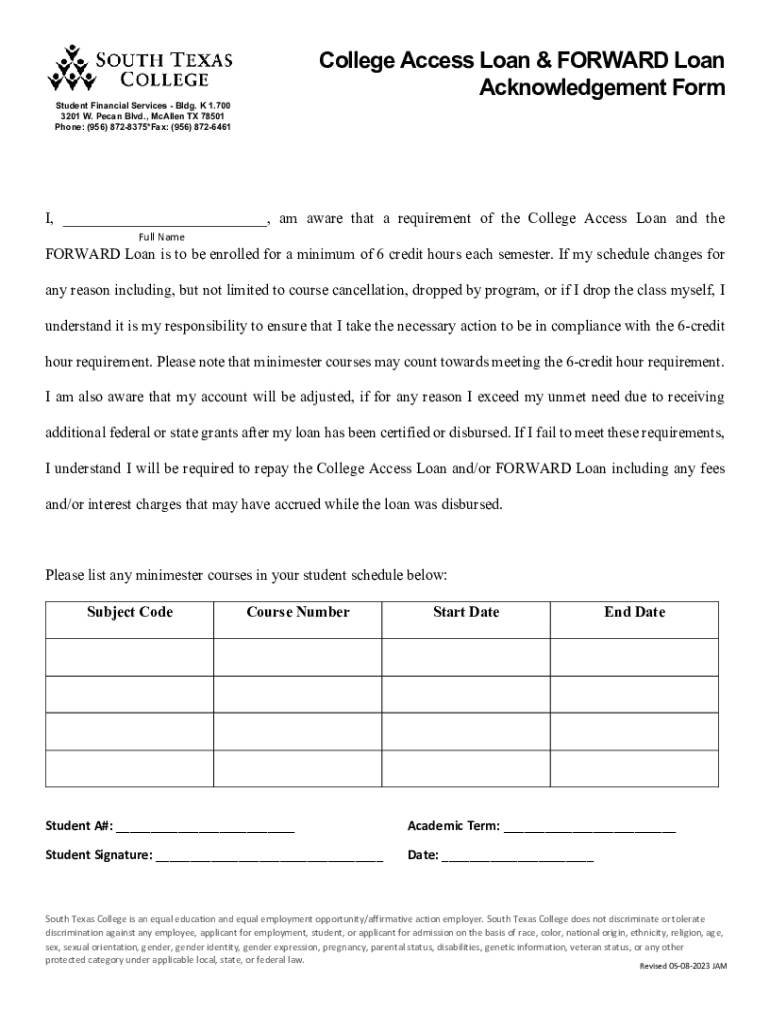 Fillable Online studentservices southtexascollege CAL & FORWARD Loan Acknowledgement Form Fax ...