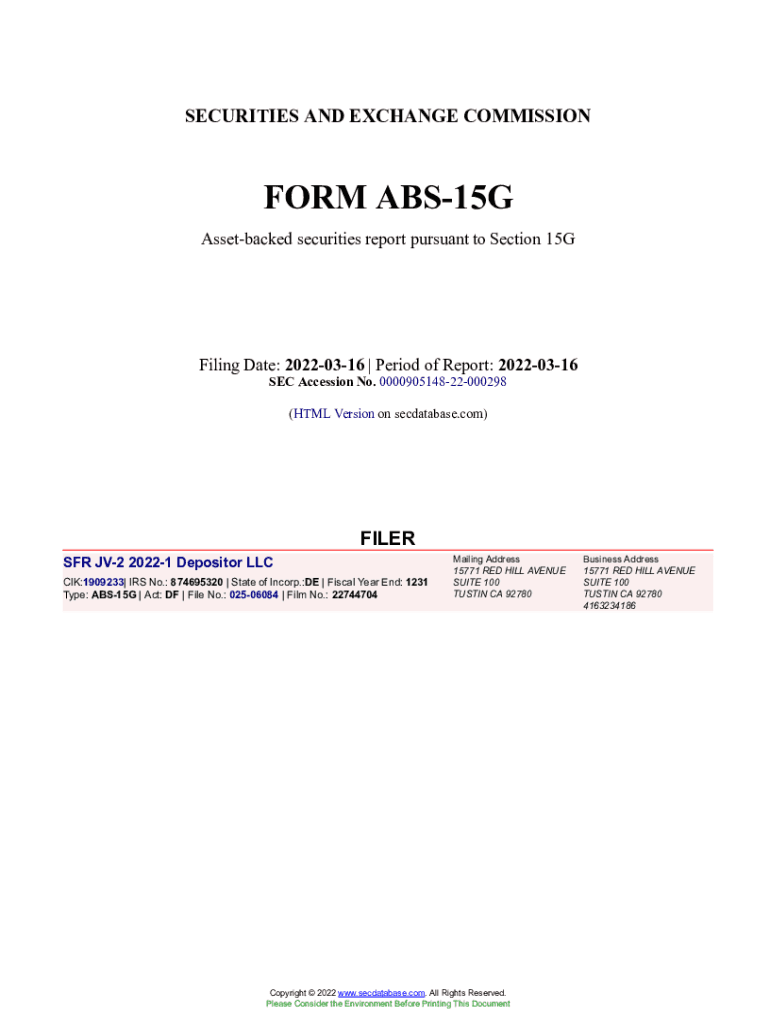 Fillable Online SFR JV-2 2022-1 Depositor LLC Form ABS-15G Filed 2022-03-16. Accession Number ...