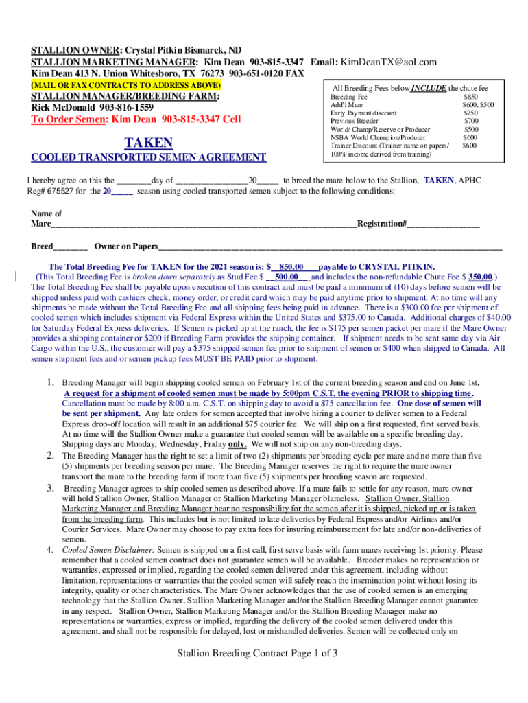 Fillable Online Stallion Breeding Contract Page 1 of 3 To Order Semen ...