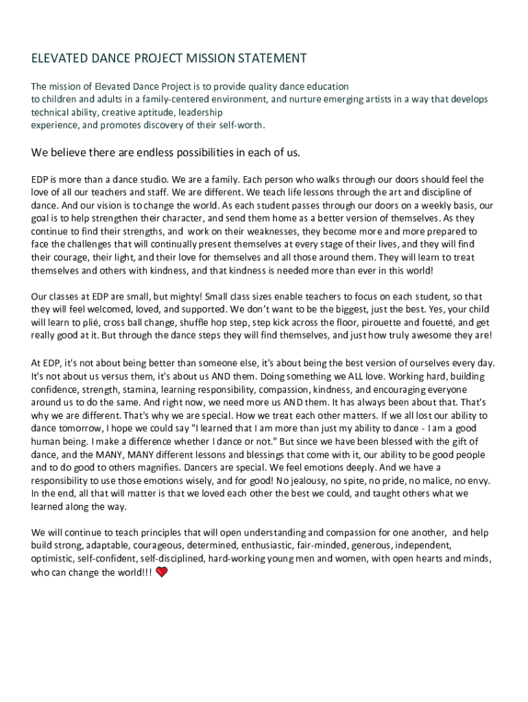 Fillable Online ELEVATED DANCE PROJECT MISSION STATEMENT Fax Email ...