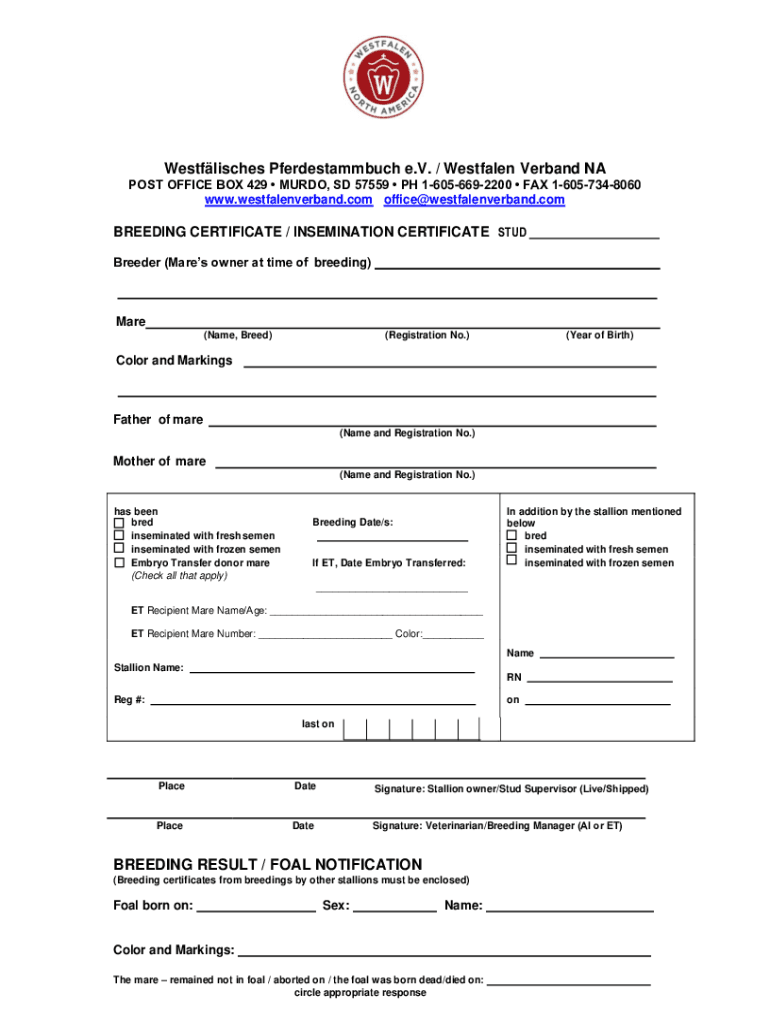 Fillable Online Westfalen Breeding Certificate Fax Email Print - pdfFiller