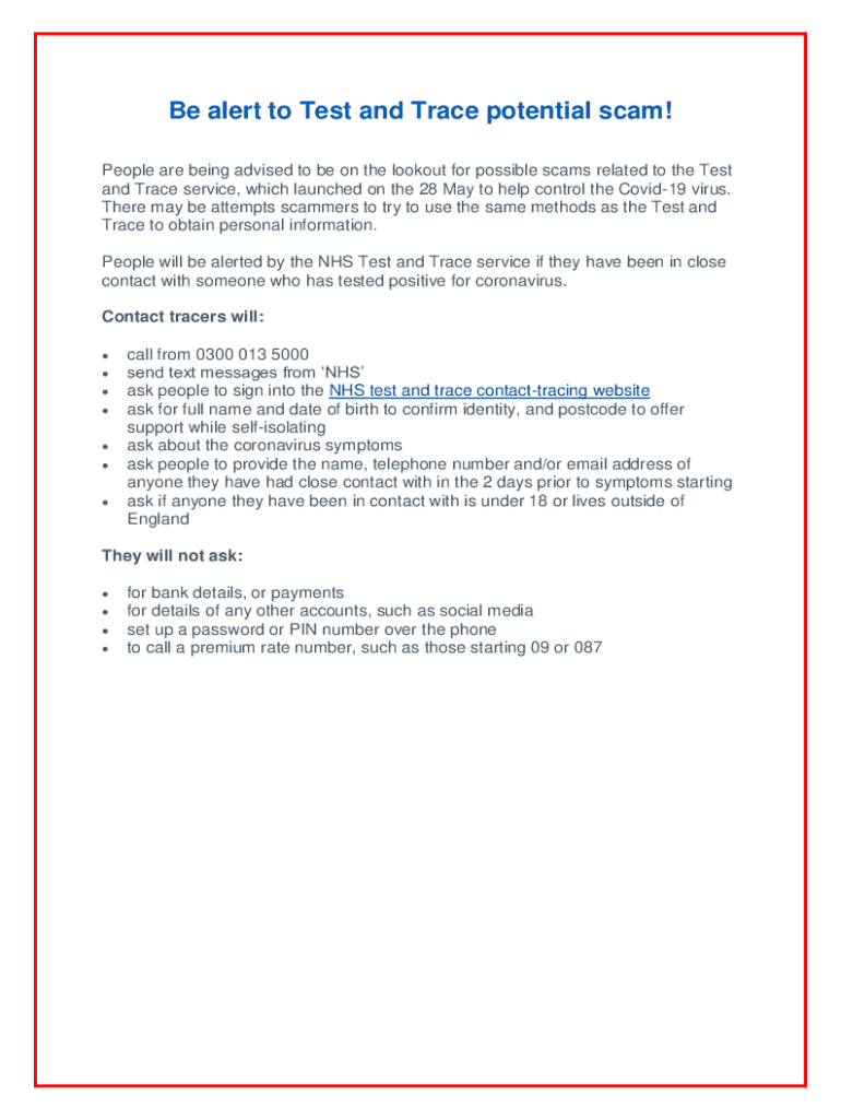 Fillable Online Be alert to Test and Trace potential scam! Fax Email ...