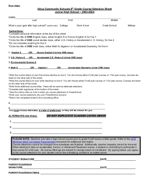 Fillable Online Utica Community Schools 8th Grade Course Selection Sheet Fax Email Print - pdfFiller