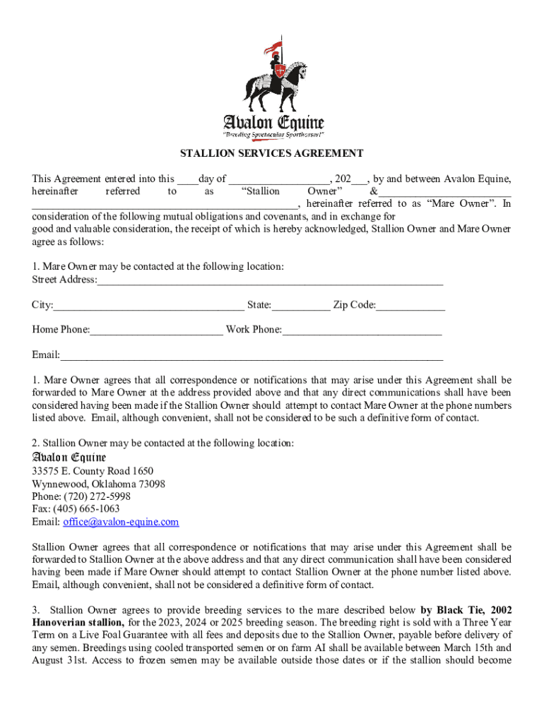 Fillable Online Stallion Services Agreement - Tucson Fax Email Print ...