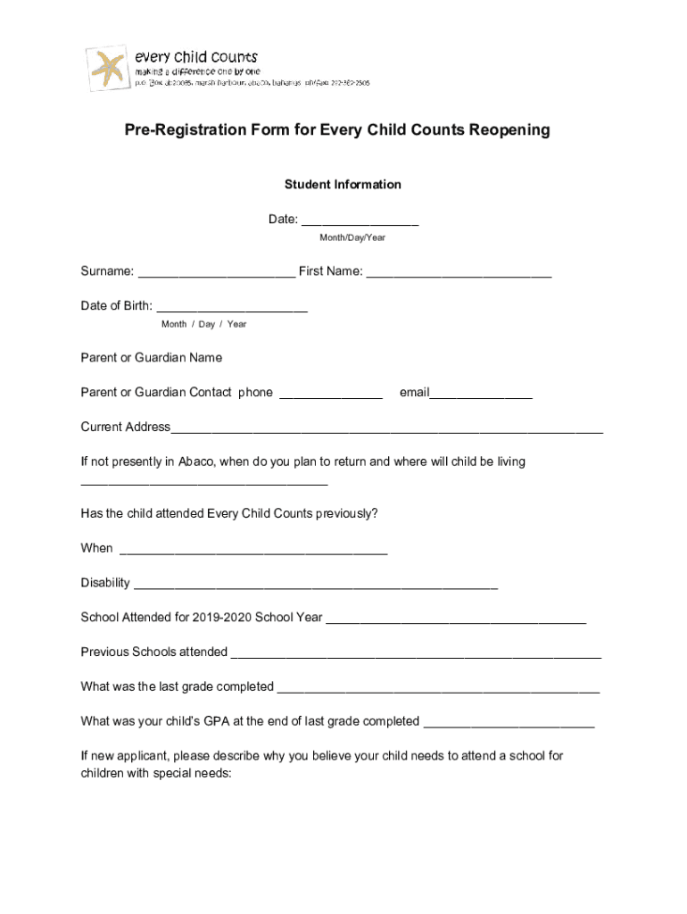 Fillable Online Pre-Registration Form for Every Child Counts Reopening ...