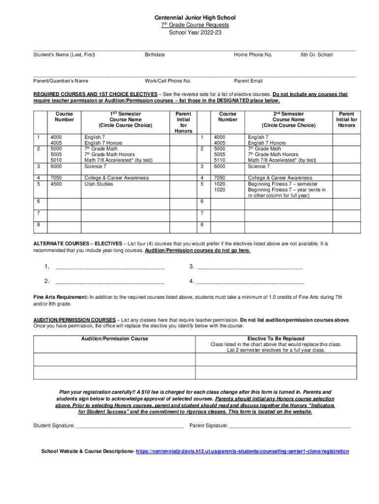 Fillable Online Centennial Junior High School 7th Grade Course Requests ... Fax Email Print ...