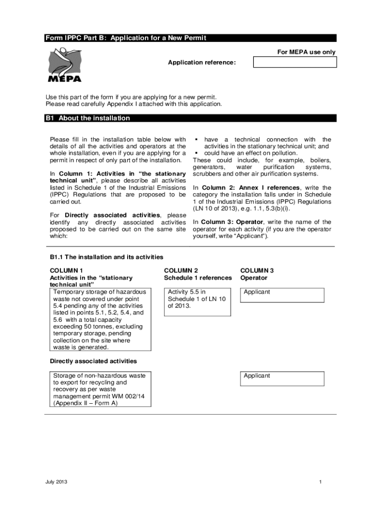 Fillable Online era org Form IPPC Part B: Application for a New Permit ...