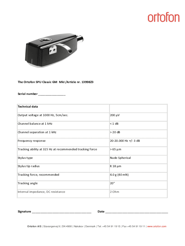 Fillable Online The Ortofon SPU Classic GM Mk II Serial number Fax ...