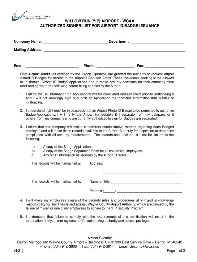 Fillable Online YIP - authorized signer list for airport ID badge ...
