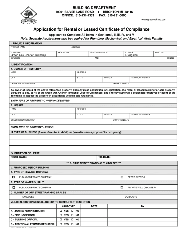 Fillable Online Application for Rental or Leased Certificate of ...