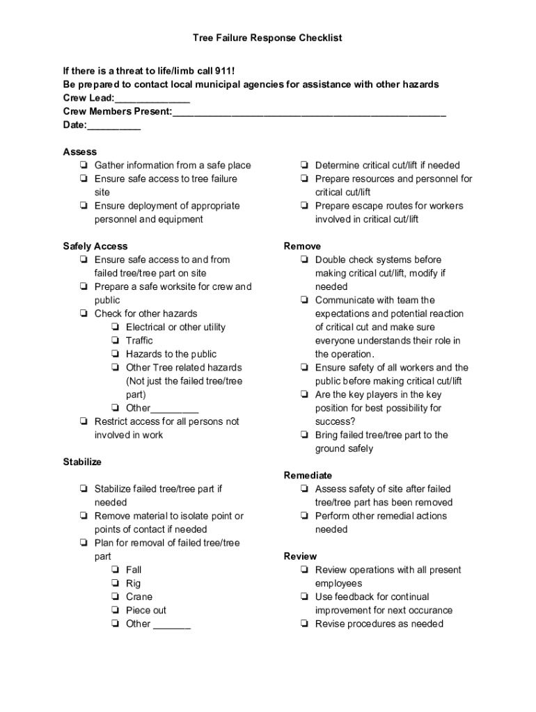 Fillable Online Tree Failure Response Checklist If there is a threat to ...
