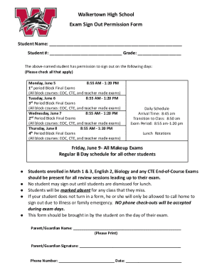 Fillable Online Walkertown High School Exam Sign Out Permission Form ...