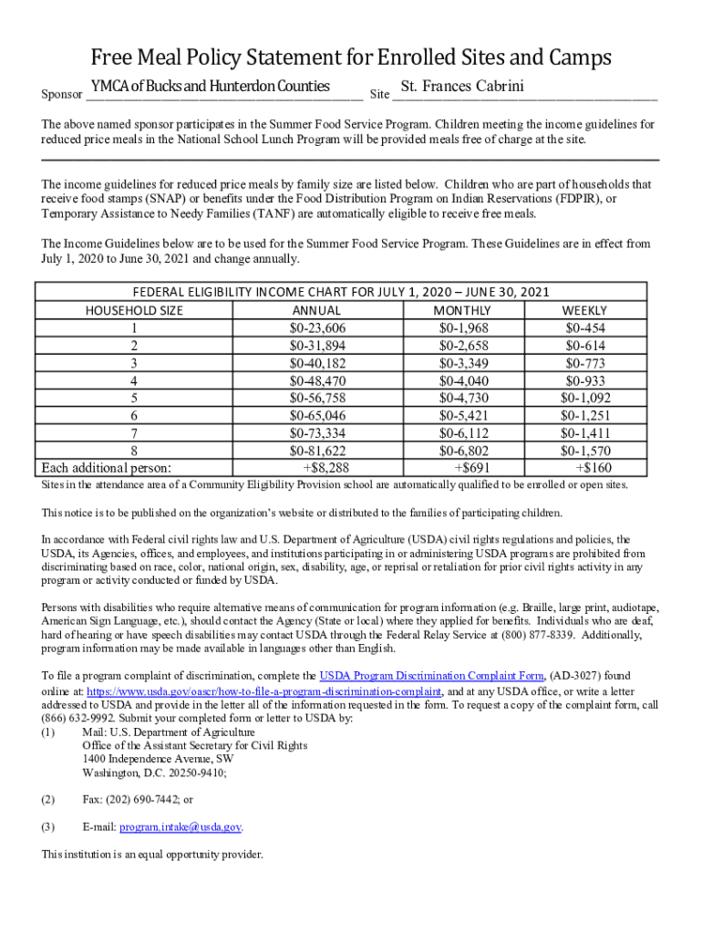 Fillable Online Free Meal Policy Statement for Enrolled Sites and Camps ...