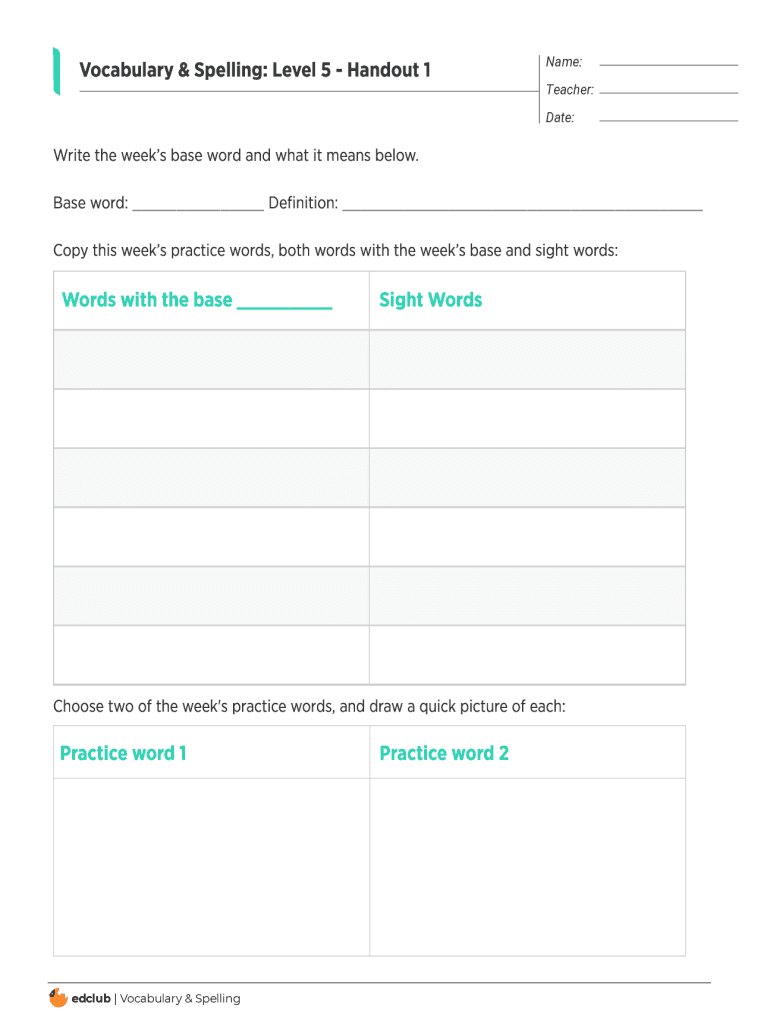 Fillable Online Vocabulary & Spelling: Level 5 - Handout 1 Fax Email ...