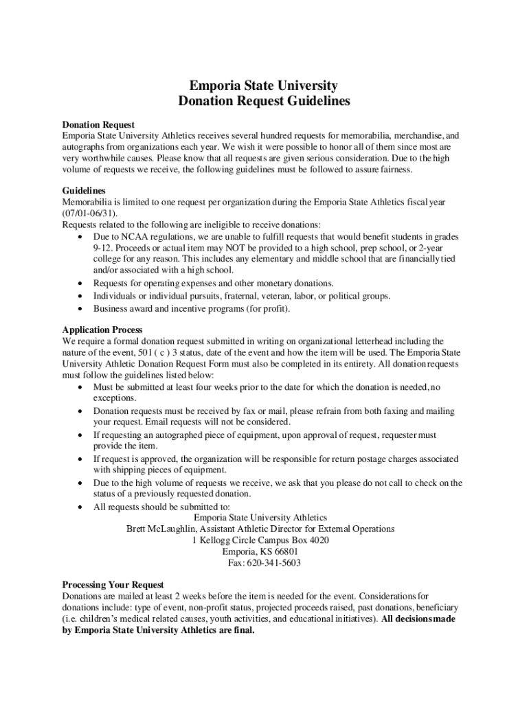 Fillable Online Emporia State University Donation Request Guidelines Fax Email Print - pdfFiller