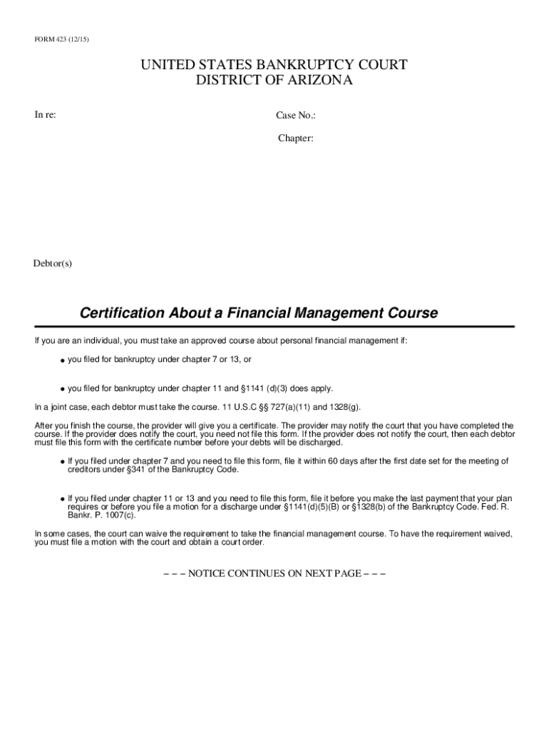 Fillable Online azb uscourts Personal Financial Management Certificate ...