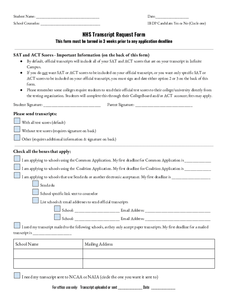 Fillable Online NHS Transcript Request Form Fax Email Print - pdfFiller