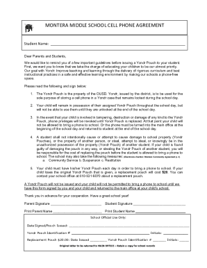 Fillable Online MONTERA MIDDLE SCHOOL CELL PHONE AGREEMENT Fax Email ...