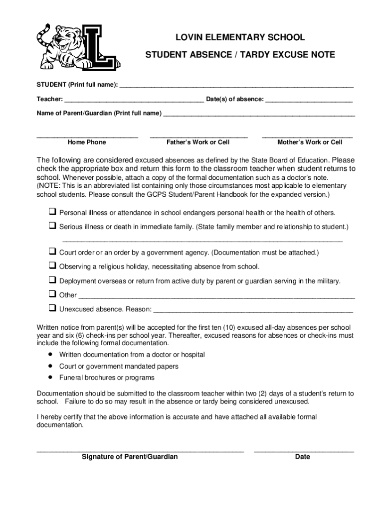 Fillable Online lovin elementary school student absence / tardy excuse ...