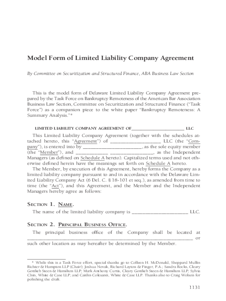 Fillable Online Model Form of Limited Liability Company Agreement. This ...