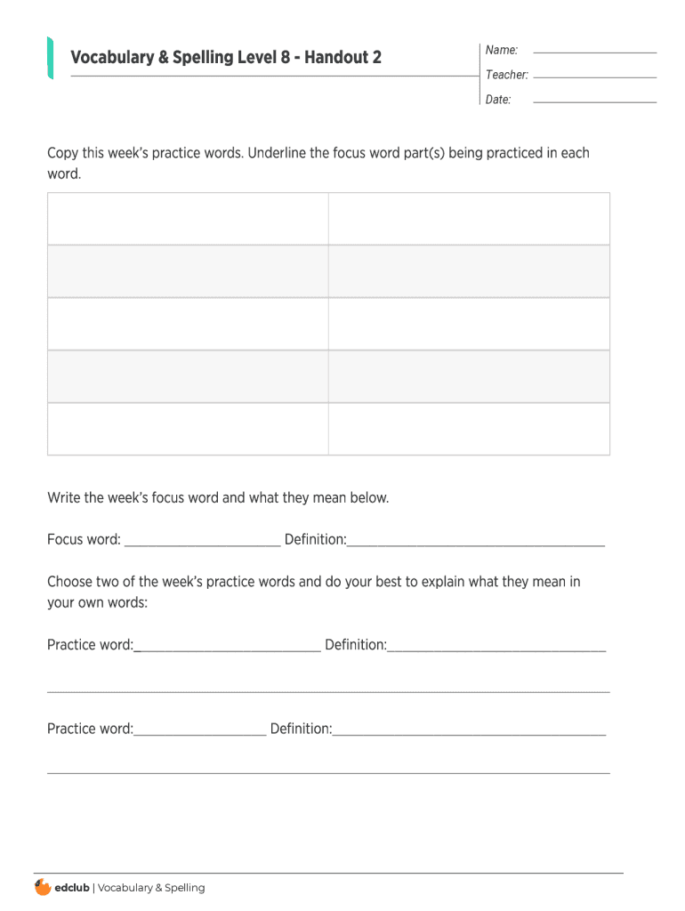 Fillable Online Vocabulary & Spelling Level 8 - Handout 2 Fax Email ...
