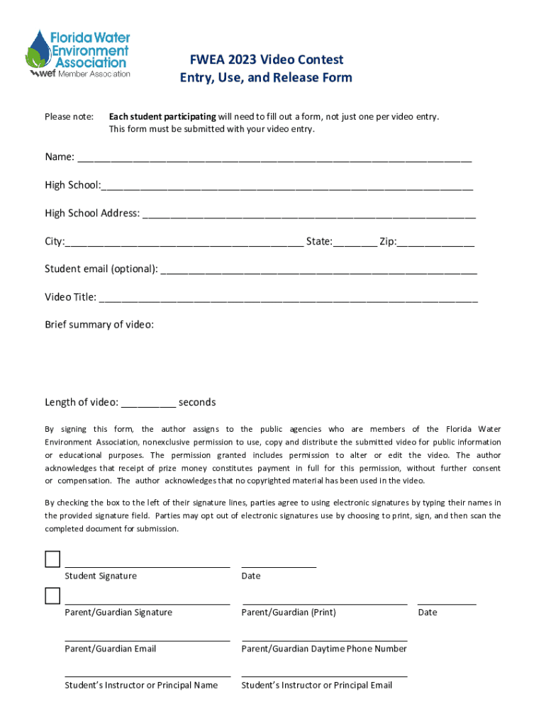 Fillable Online FWEA 2023 Video Contest Entry, Use, and Release Form ...