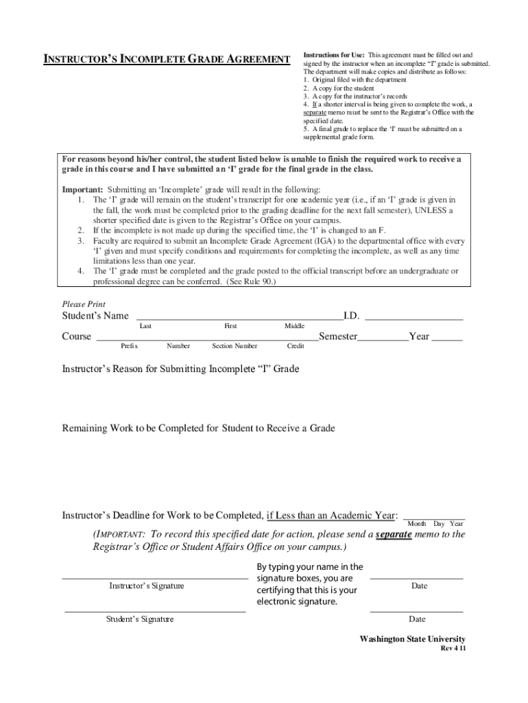 Fillable Online registrar wsu INSTRUCTOR'S INCOMPLETE GRADE AGREEMENT ...