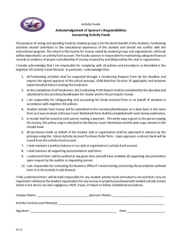 Fillable Online Activity Funds Acknowledgement of Bookkeeper/Secretary ... Fax Email Print ...