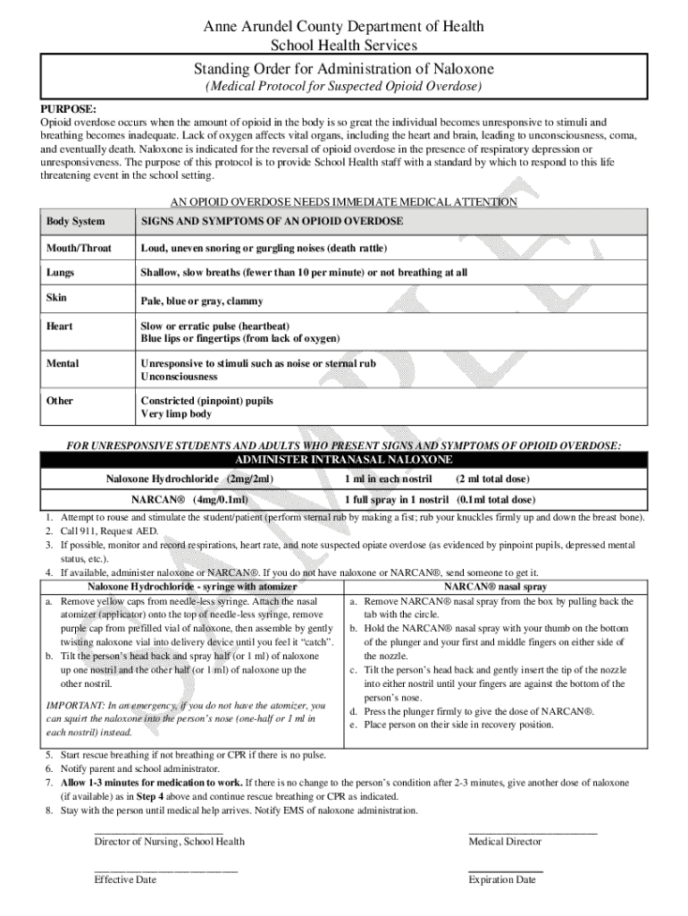 Fillable Online School Health Sample Naloxone Standing Order. School ...