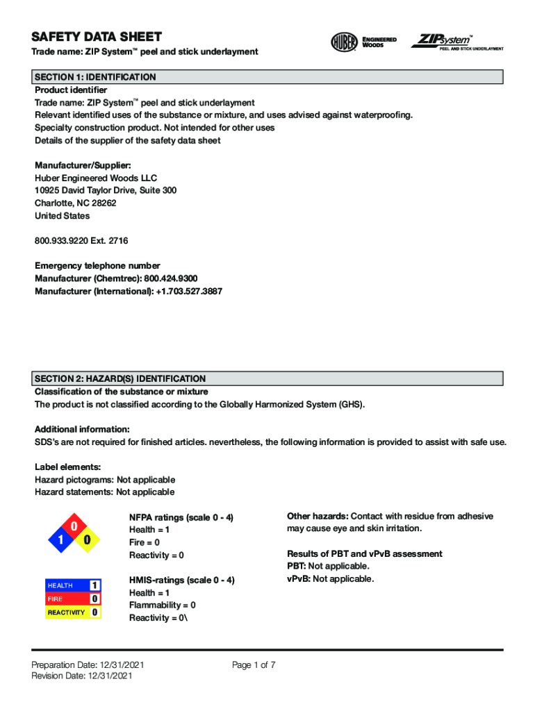 Fillable Online Safety Data SheetZIP System Wall, Roof and R-sheathing ...