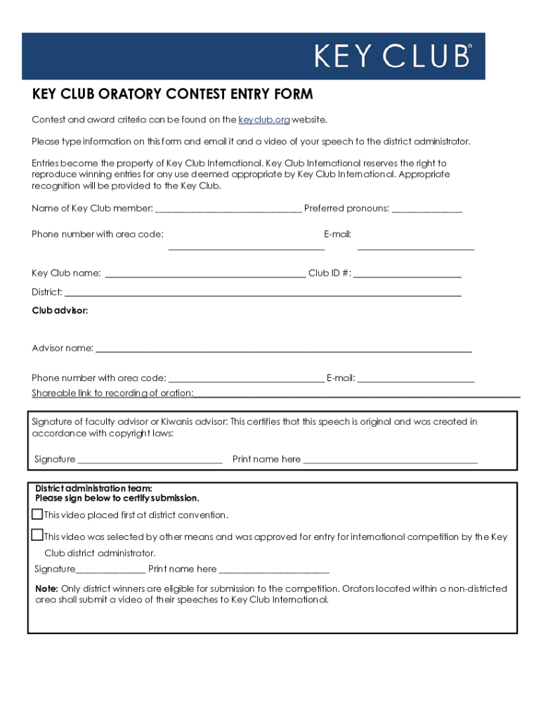 Fillable Online KEY CLUB ORATORY CONTEST ENTRY FORM Fax Email Print ...