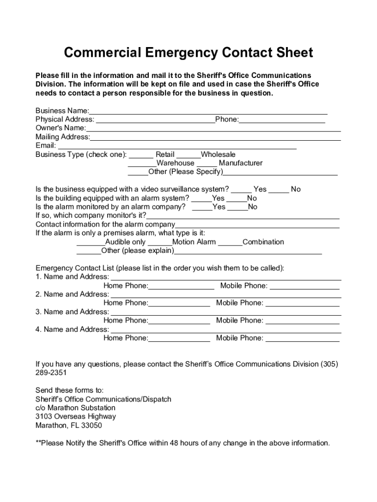 Fillable Online Commercial Emergency Contact Sheet Fax Email Print ...